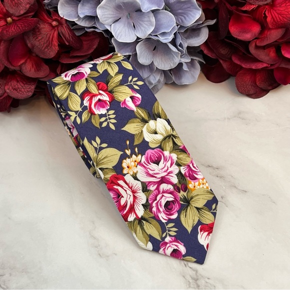Accessories | Handmade Navy Blue And Pink Floral Cotton Skinny Tie ...